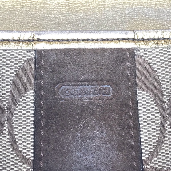 Coach | Bags | Coach Signature Print Tan Gold Metallic Wristlet | Poshmark